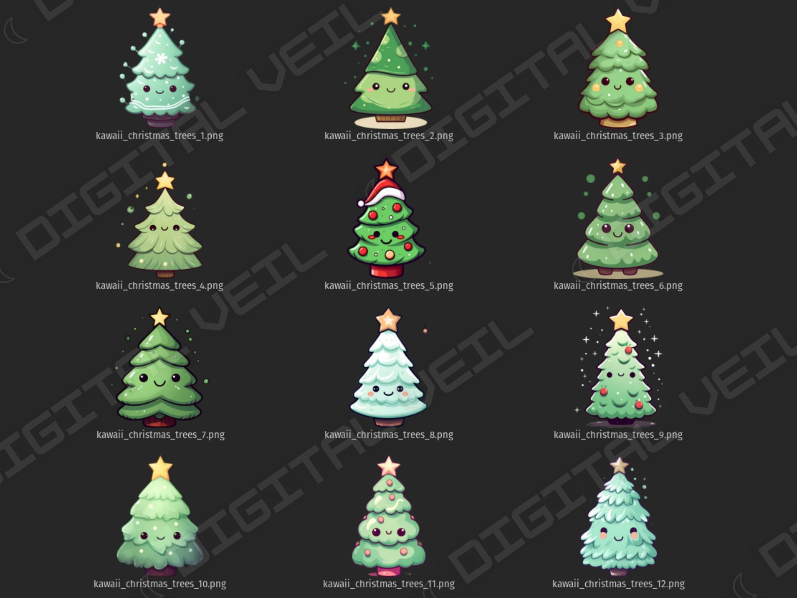 Kawaii Christmas Tree Clipart Set, Festive Holiday Designs (digital ...