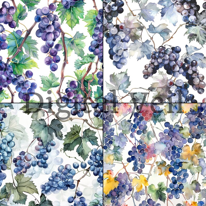 Purple Grape Cluster Illustration Set, 12 Seamless Grape Pattern Images ...