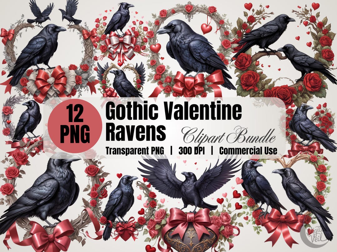 Gothic Valentine Raven Clipart, Dark Romance Digital Download, Black ...