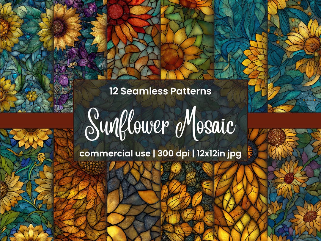 Sunflower Mosaic Seamless Patterns: Art Nouveau Stained Glass Floral ...