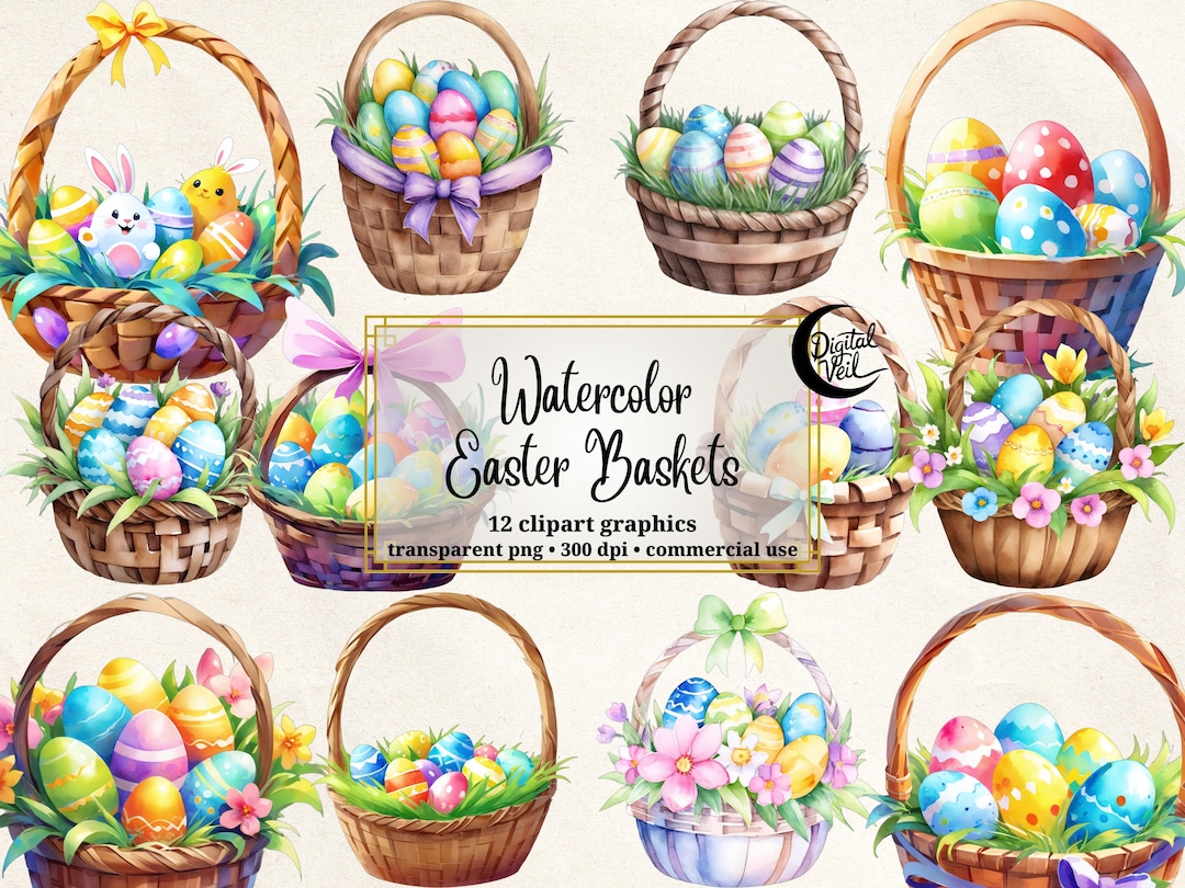 Watercolor Easter Basket Clipart: Bunny & Egg PNG (digital Download) - Etsy