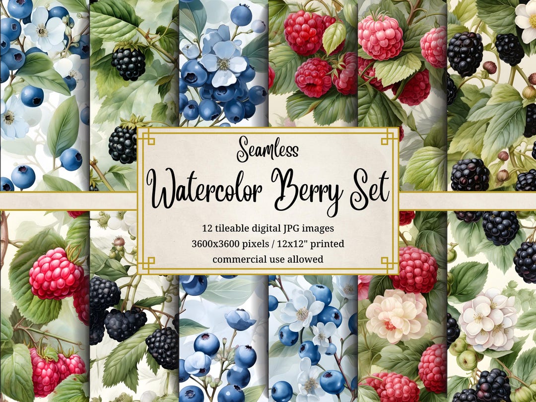 Berry Pattern Set Watercolor Digital Seamless Background Blueberry ...