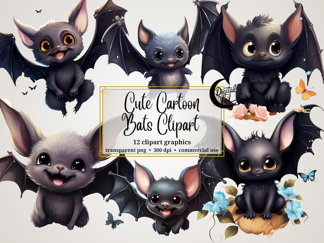Cute Cartoon Bats Clipart, Kawaii Bat Digital PNG Images, Halloween ...