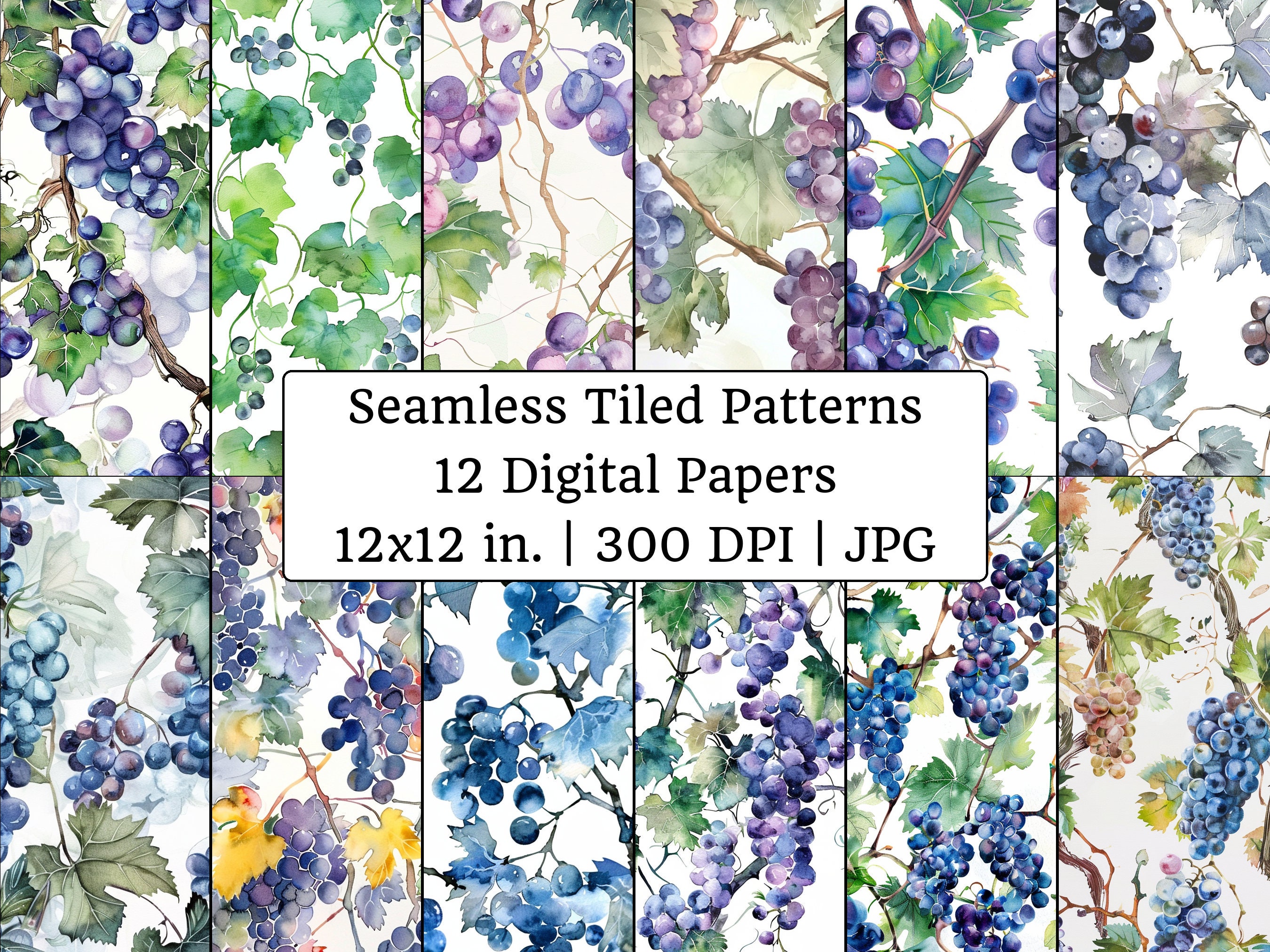 Purple Grape Cluster Illustration Set, 12 Seamless Grape Pattern Images ...