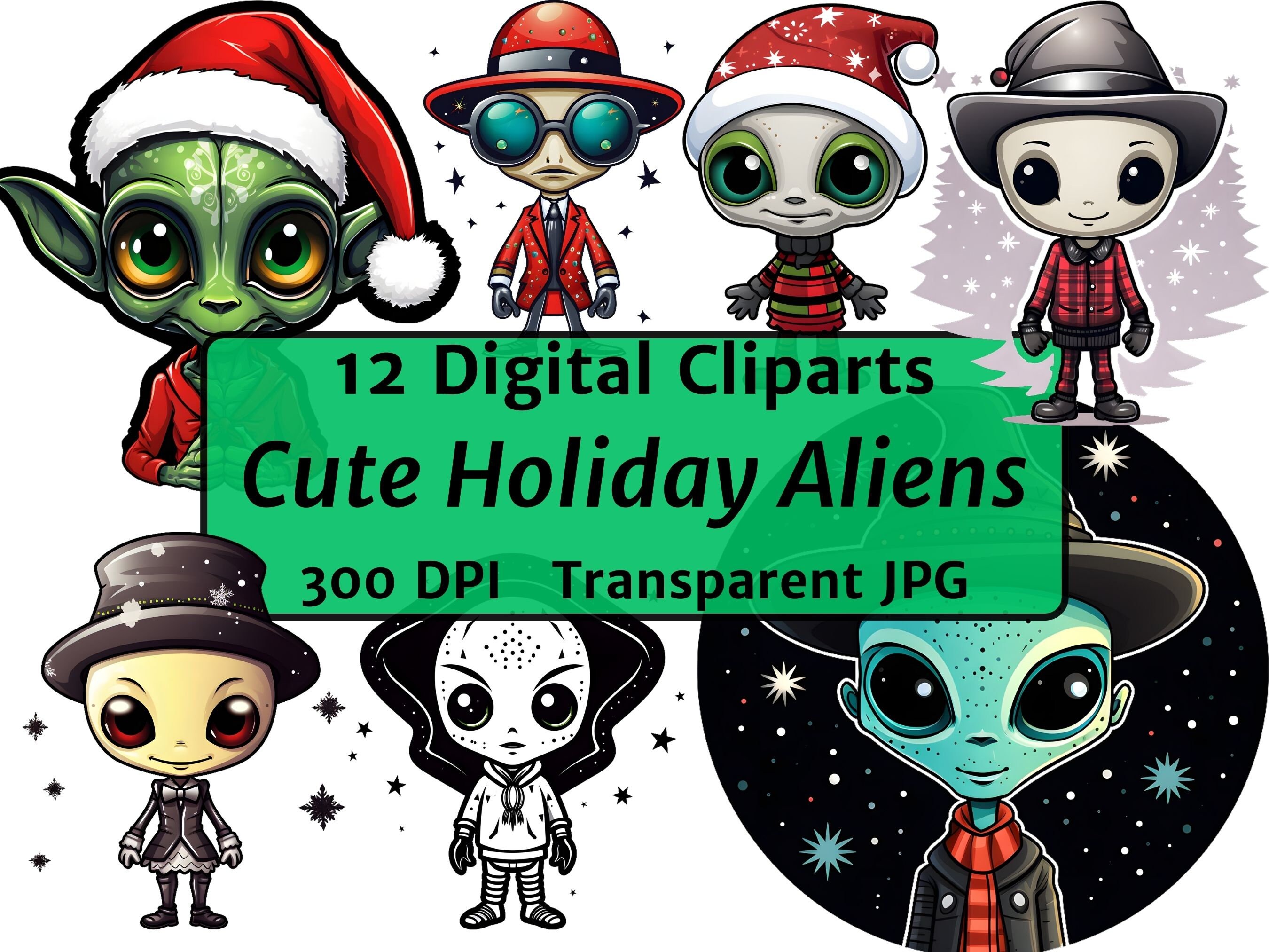 Adorable Alien Cliparts Cute ET Aliens Digital Stickers Set, Christmas ...
