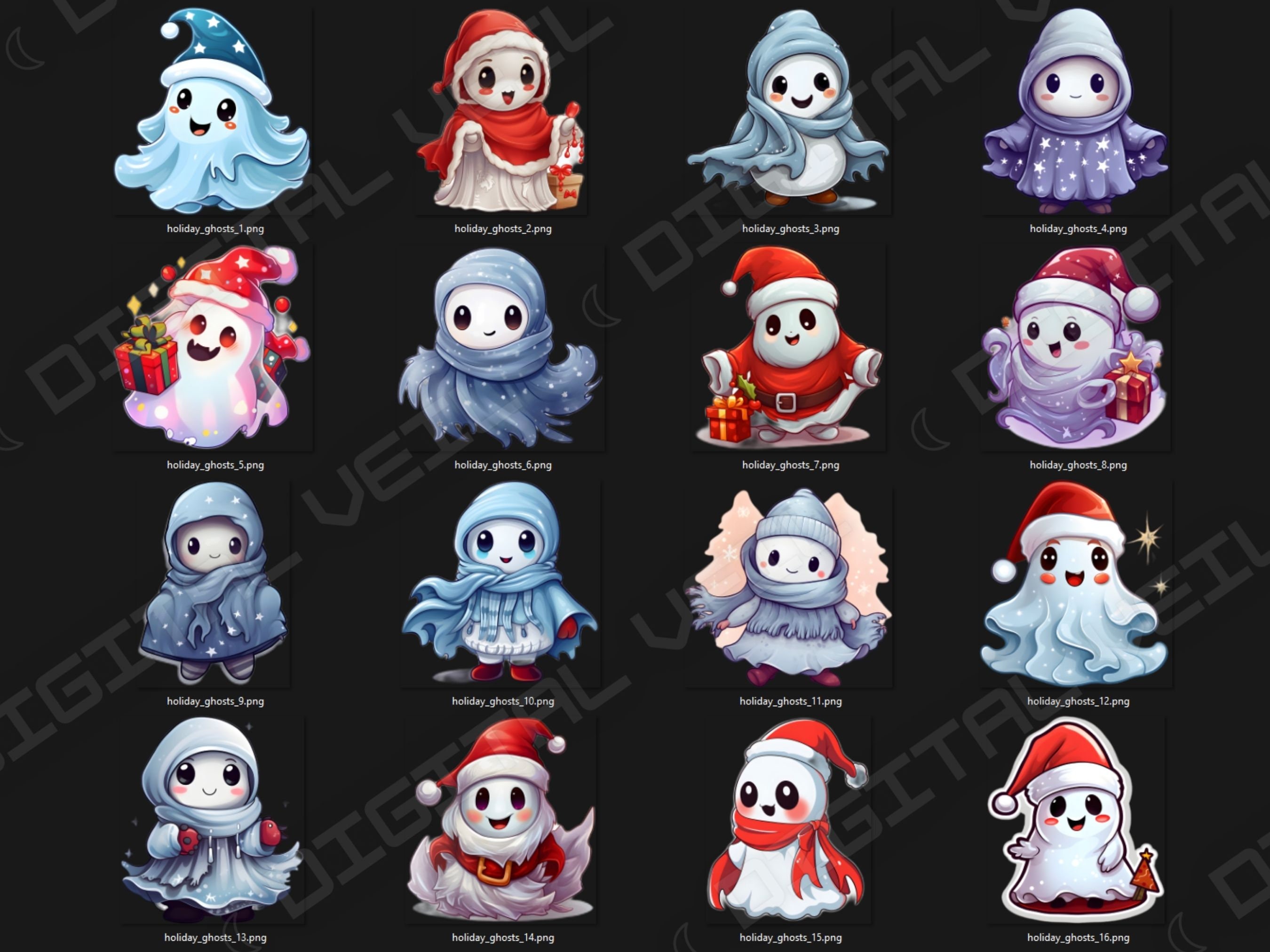 Cute Christmas Holiday Ghosts Clipart Bundle, Christmas Kawaii Digital ...