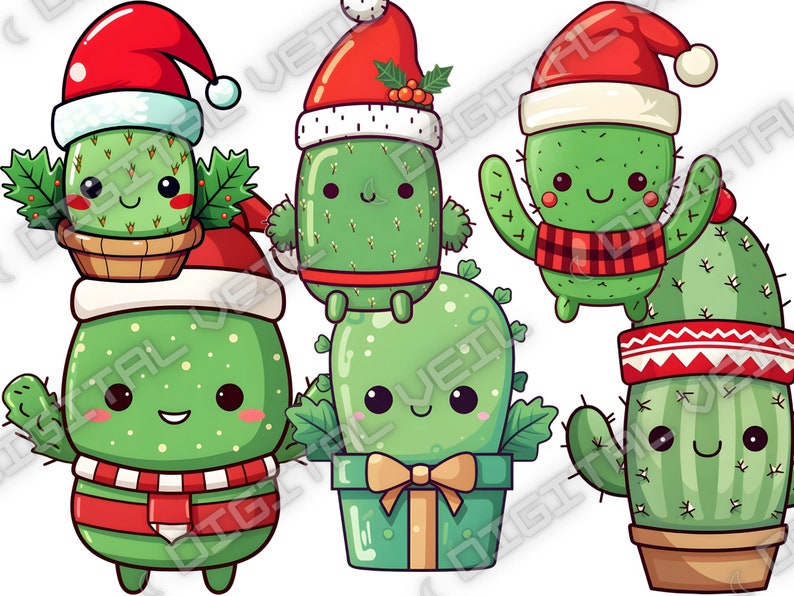 Cute Kawaii Christmas Cactus Clipart Set for Holiday Cards ...