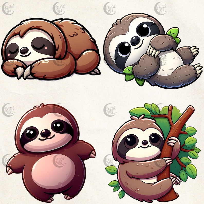 Cute Sloth Clipart Set, 12 Pngs, Cartoon Sloth Graphics, Digital ...