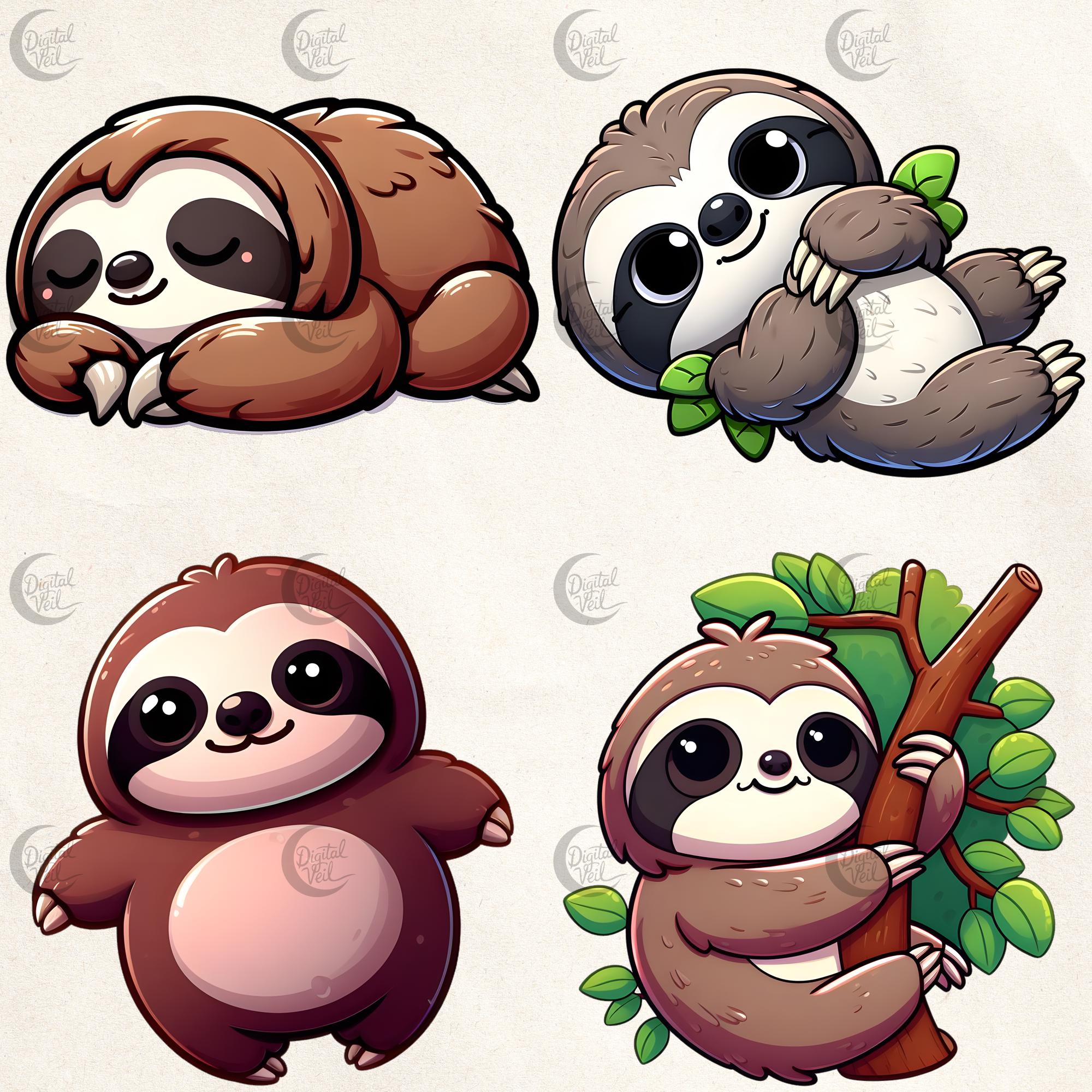 Cute Sloth Clipart Set, 12 Pngs, Cartoon Sloth Graphics, Digital ...