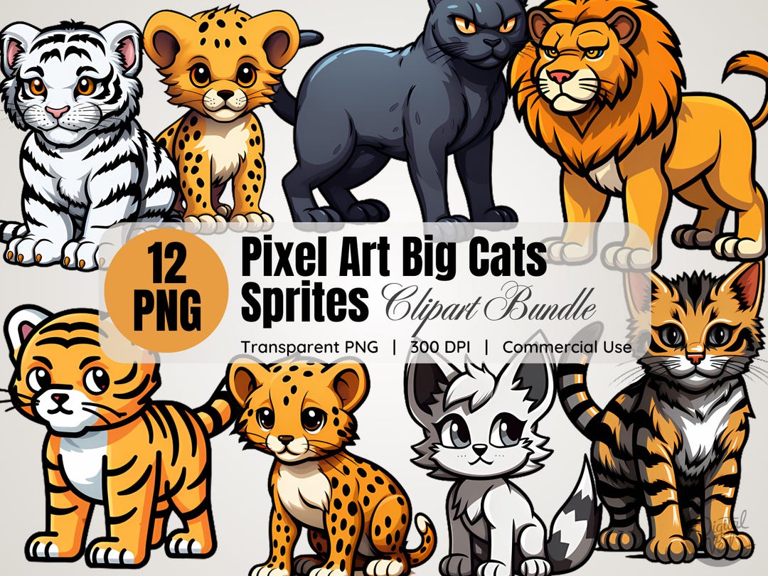 Pixel Art Big Cats Clipart, 8 Bit Animal Sprites, Game Assets Tiger ...