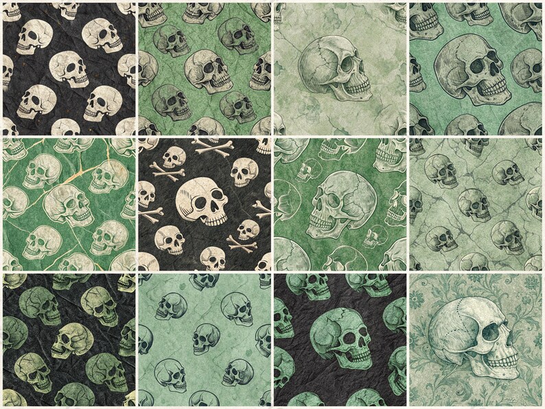 Green Skull Seamless Pattern: Vintage Gothic Digital Paper (12x12 Jpgs ...
