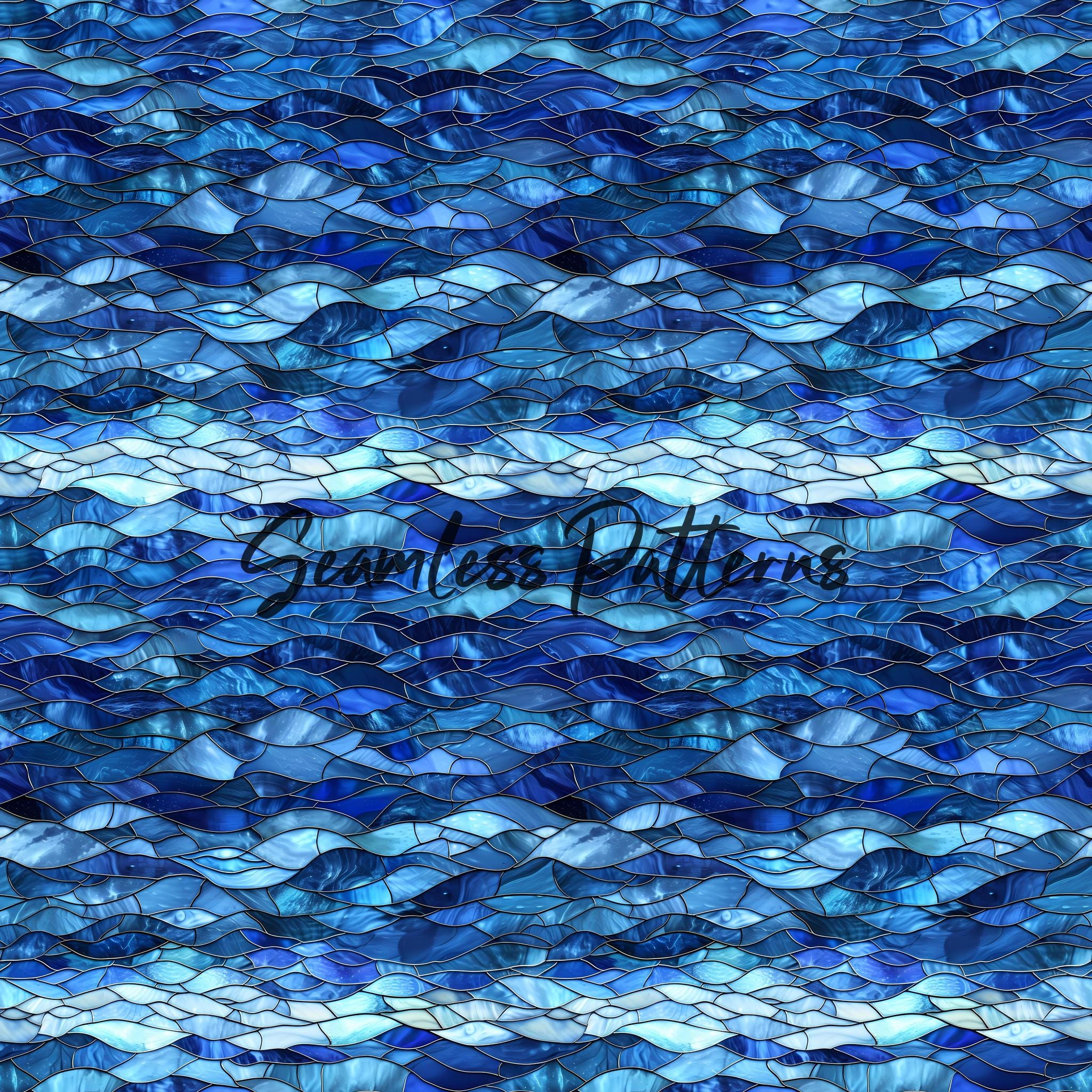 Ocean Wave Stained Glass Patterns: Seamless Blue Sea Digital Paper (set ...