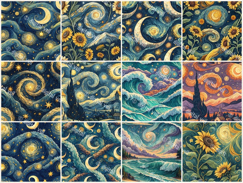 Starry Night Seamless Patterns: Van Gogh Sunflower Digital Paper (JPG ...