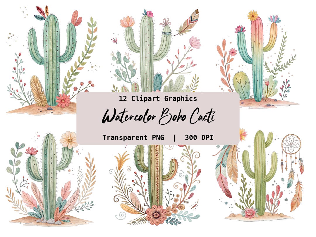 Watercolor Boho Cactus Clipart, Desert Succulent PNG Set of 12, 300 DPI ...