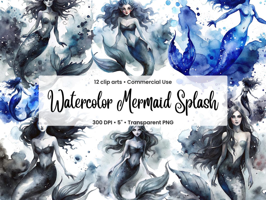 Watercolor Mermaid Clipart: Indigo Siren Graphics (12 Pngs, Digital ...