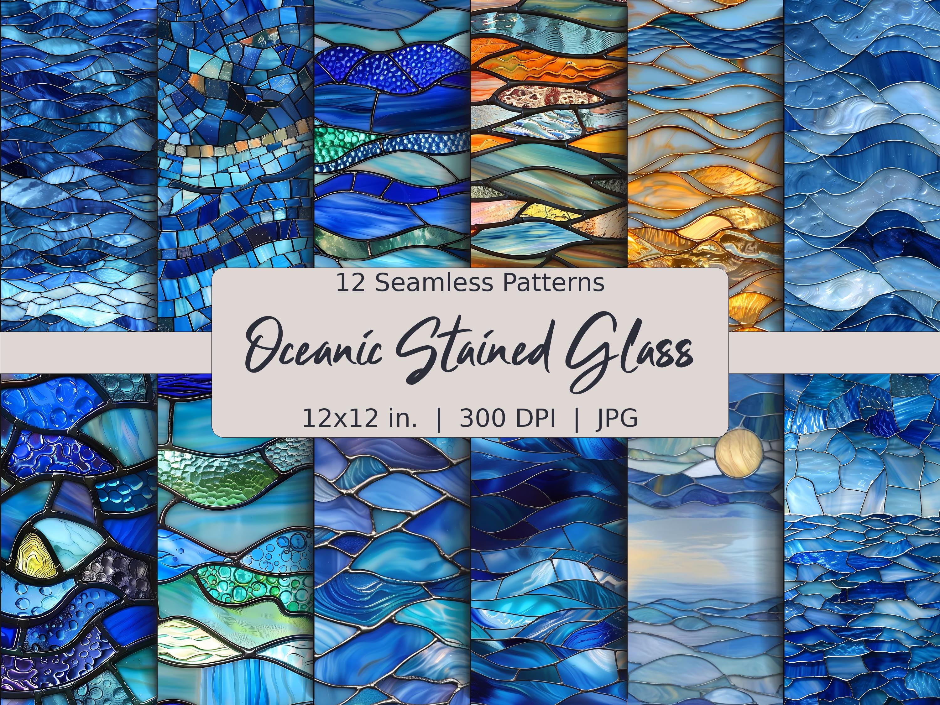 Ocean Wave Stained Glass Patterns: Seamless Blue Sea Digital Paper (set ...