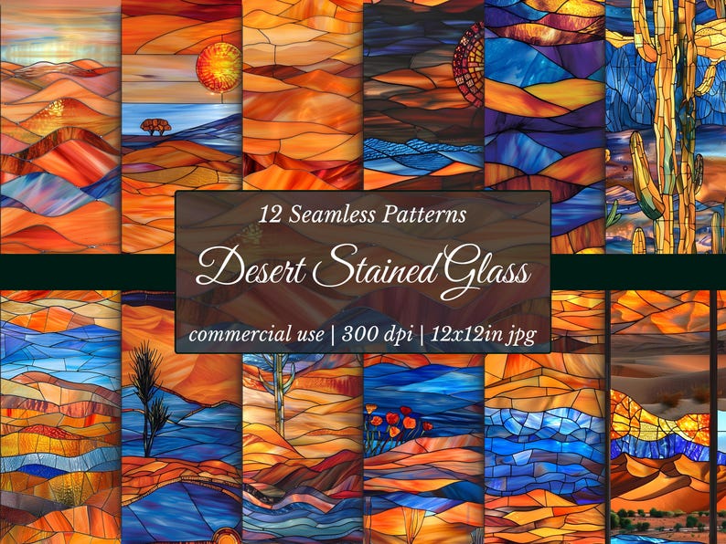 Desert Stained Glass Seamless Patterns: Southwest Boho Digital Paper ...