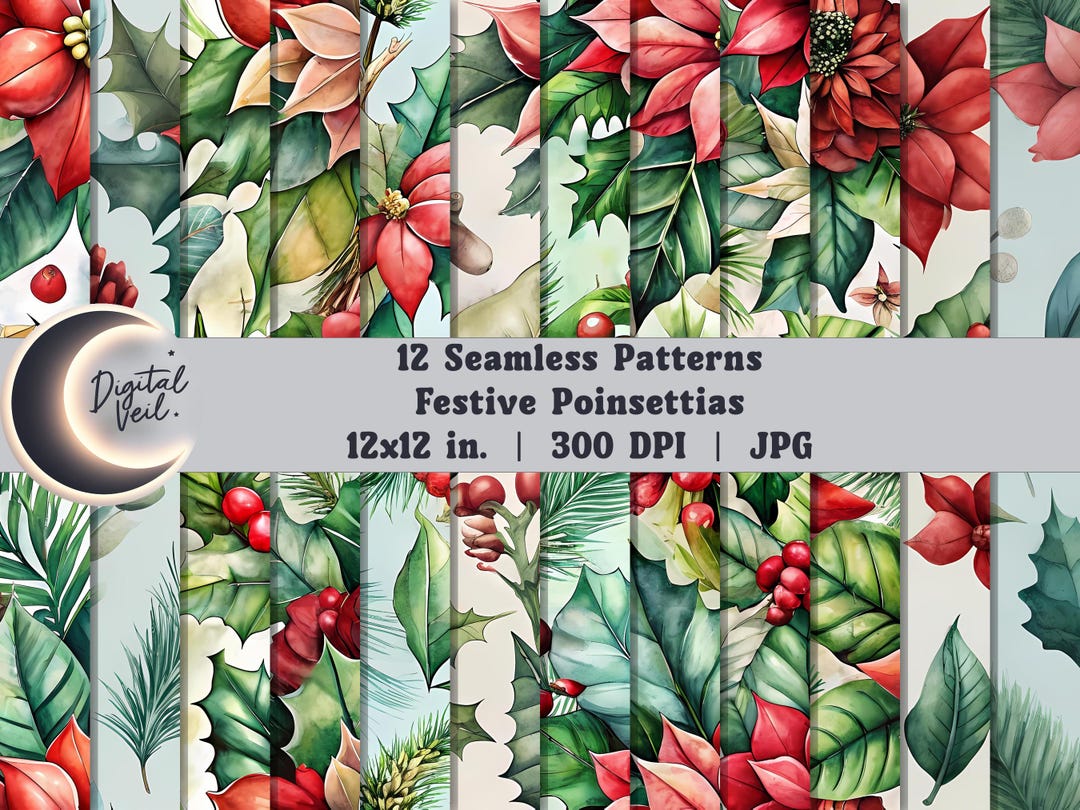 Watercolor Christmas Seamless Patterns, Festive Poinsettias Holly ...
