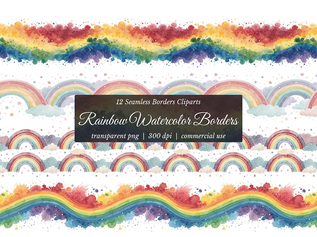 Rainbow Watercolor Borders PNG | Seamless Digital Frames | Commercial ...