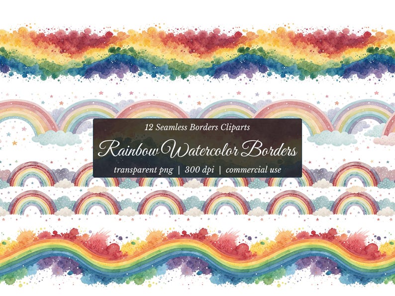 Rainbow Watercolor Borders PNG | Seamless Digital Frames | Commercial ...