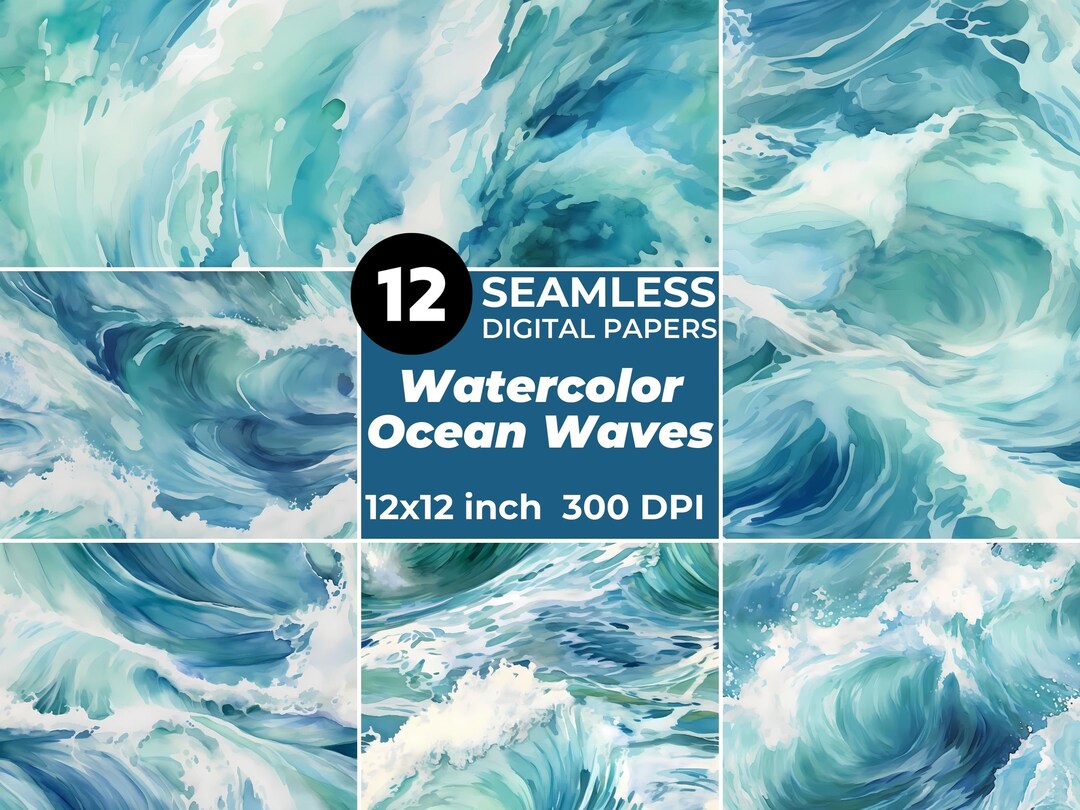 Watercolor Ocean Waves Papers, 12 Seamless Digital Tiled Ocean Blue ...