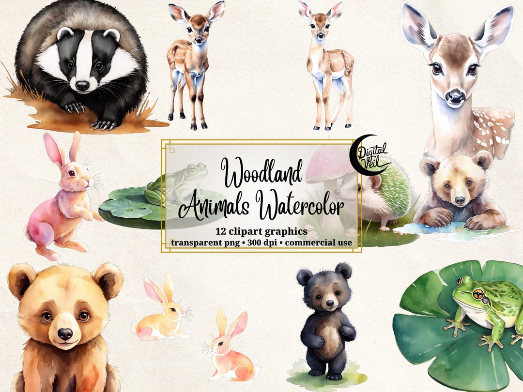 Woodland Animals Clipart, Forest Creatures Watercolor PNG, Bear Cub ...