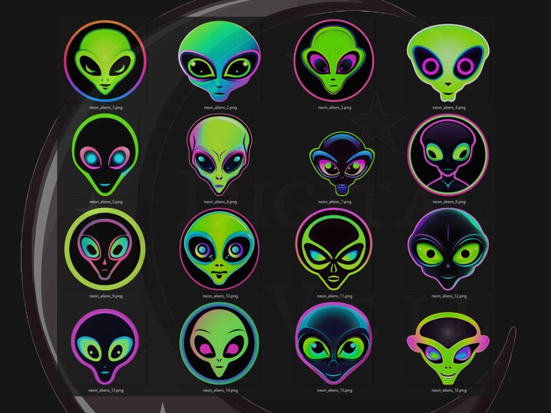 Neon Alien Clipart Stickers Aliens Neon Digital Stickers Set - Etsy