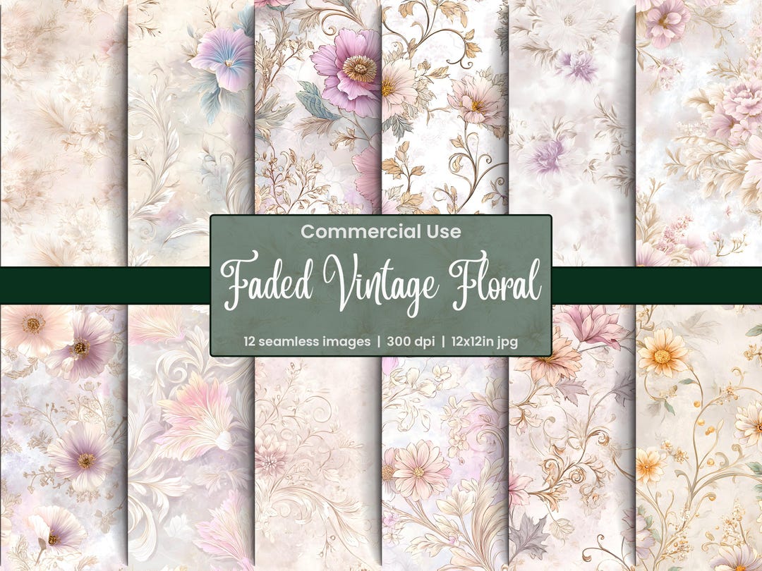 Faded Vintage Floral Digital Paper Pack, Shabby Chic Flower Seamless ...