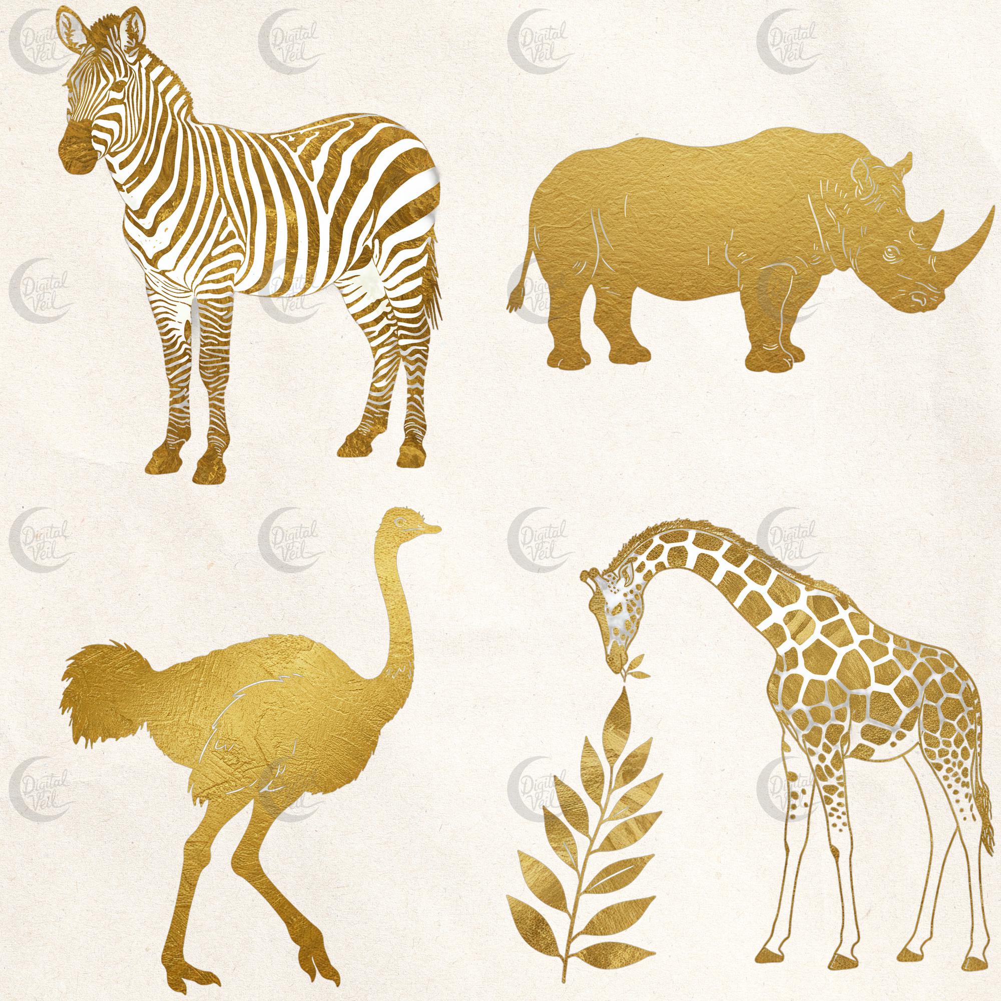 Gold Safari Animals Clipart: Metallic Wildlife PNG (digital Download ...