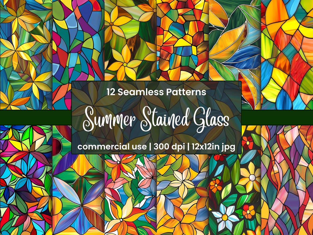 Stained Glass Floral Patterns, Summer Mosaic, Commercial Use (digital ...