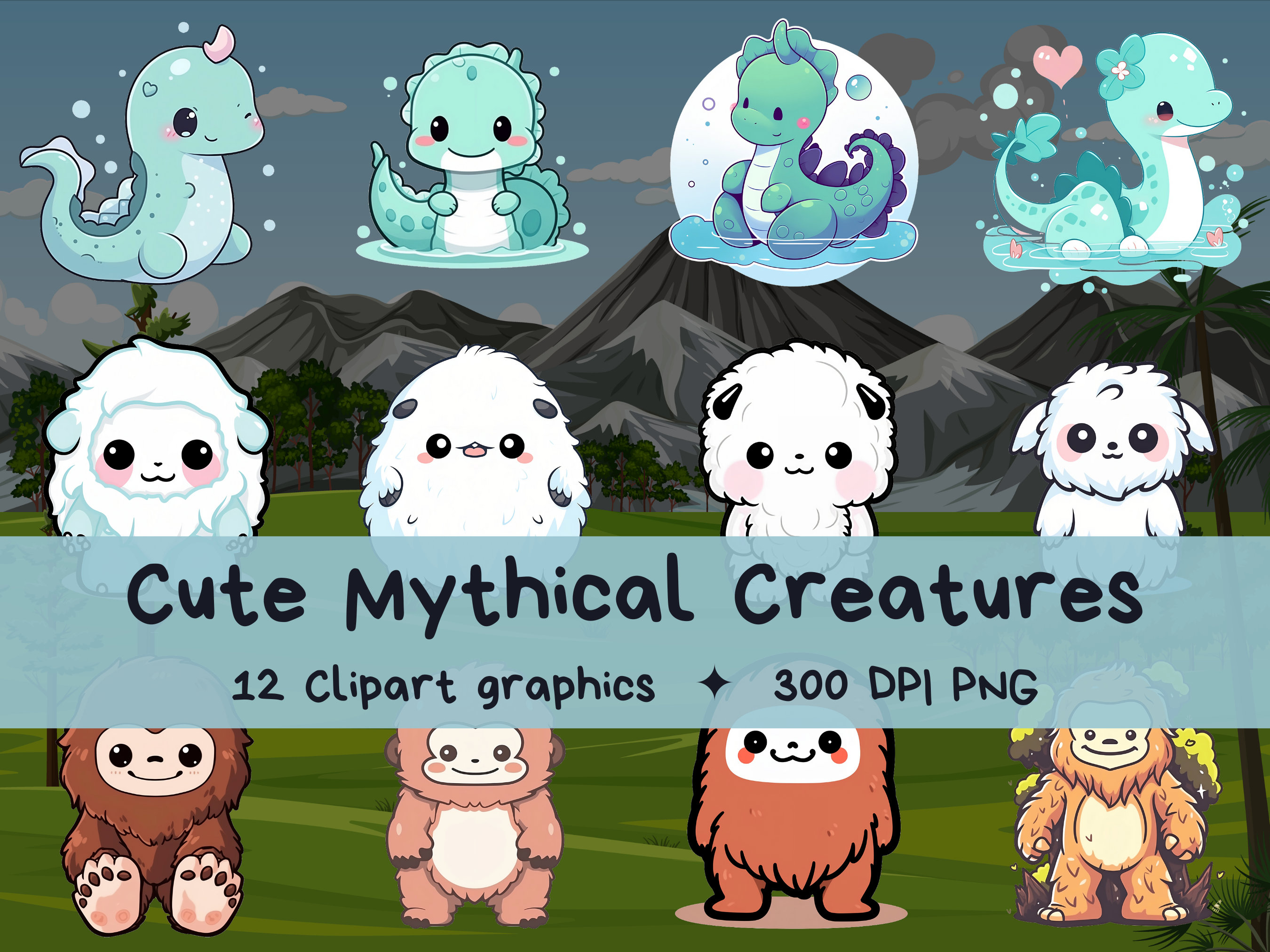 Cute Mythical Creatures Clipart Images - Loch Ness Monster Nessie, Yeti, Bigfoot, Digital ...
