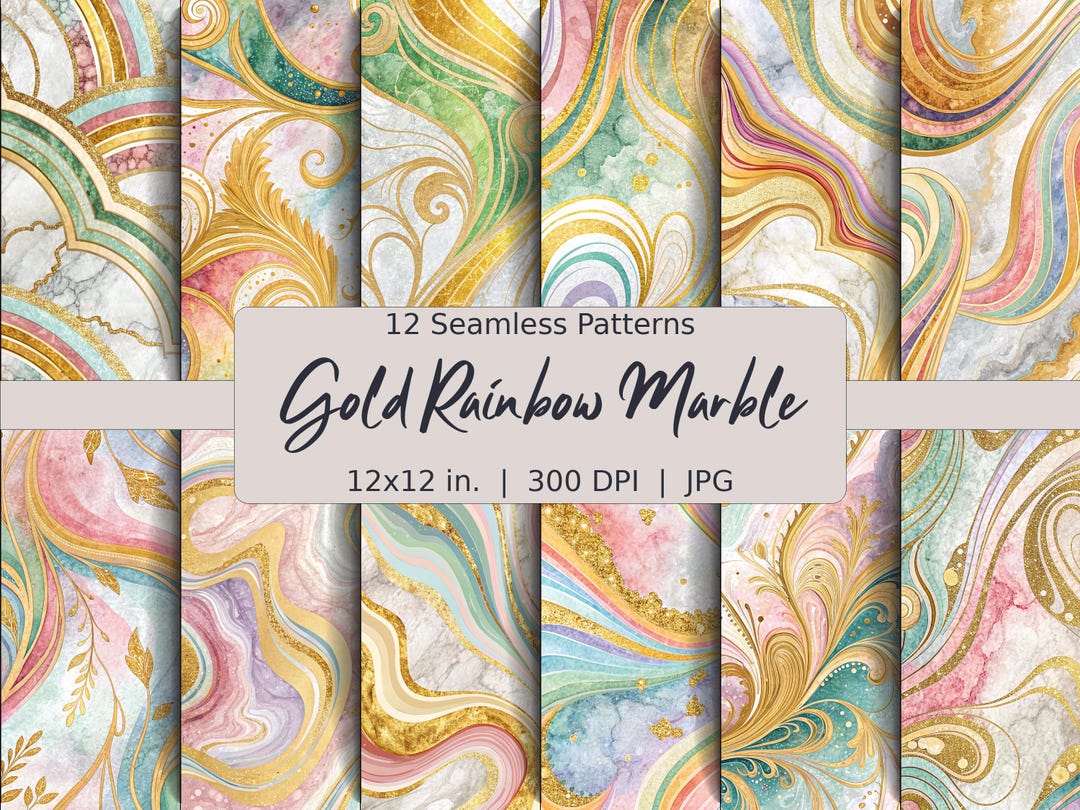 Gold Rainbow Marble Digital Paper Pack – 12 Seamless Patterns With ...