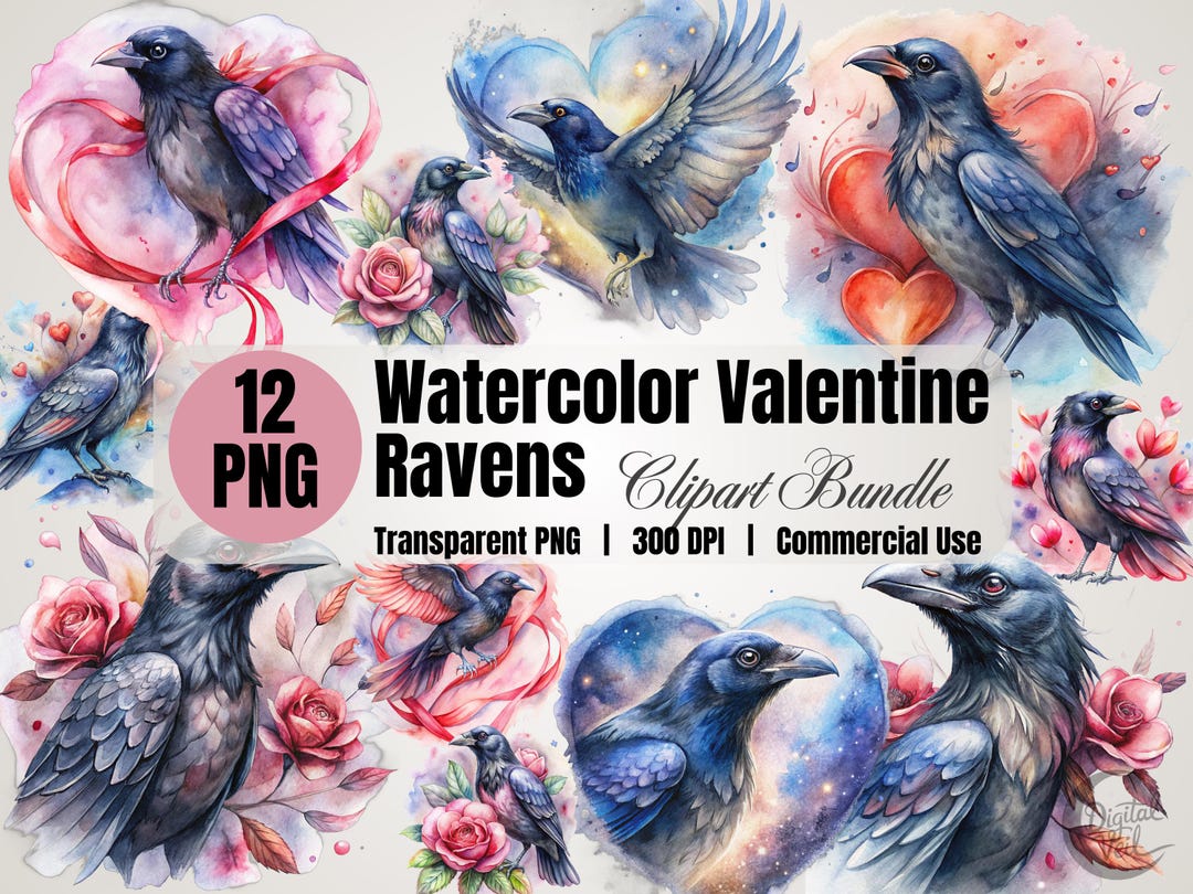 Watercolor Raven Clipart: Rose, Galaxy, Valentine Bird (digital ...