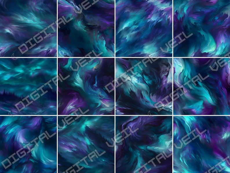 Northern Lights Oil Painting Style Seamless Patterns 12 Digital ...