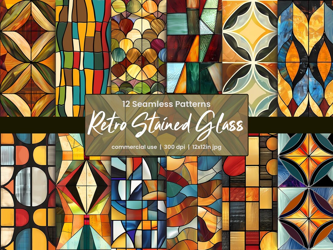 Retro Stained Glass Digital Paper: Mid-century Modern Seamless Patterns ...