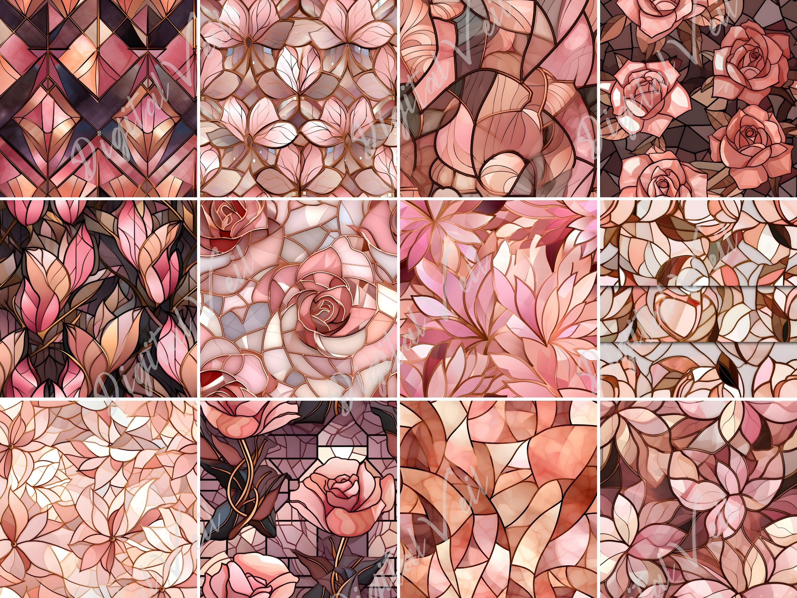 Beautiful Rose Gold Stained Glass Seamless Patterns 12 Digital Papers ...