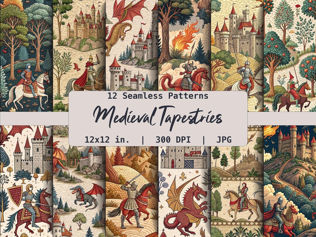 Medieval Tapestry Digital Paper Dragon Knight Castle Digital Background ...