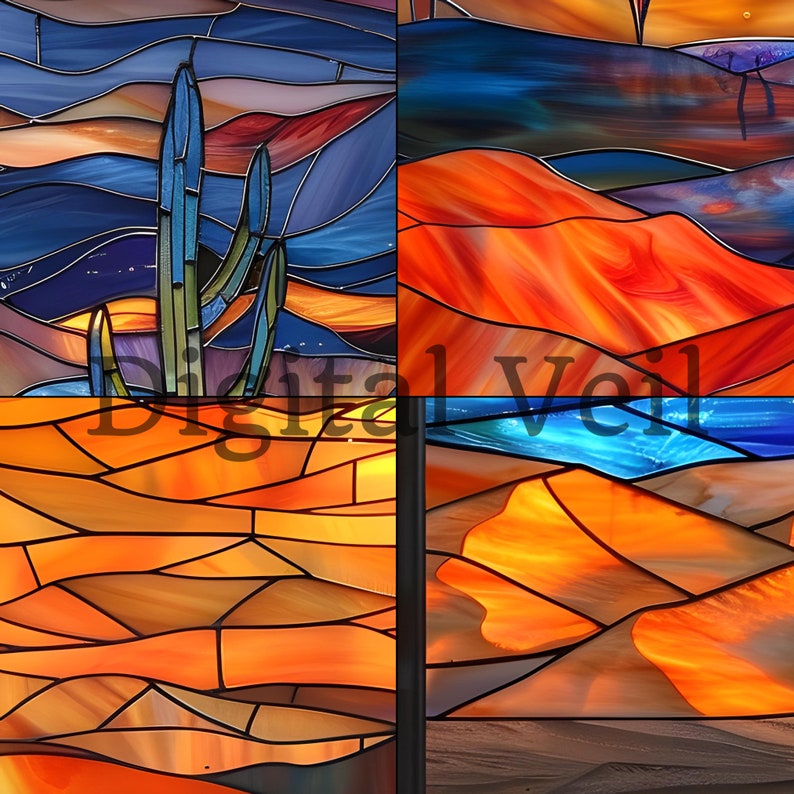 12 Stained Glass Style Desert Landscape Patterns, Seamless Digital Art ...