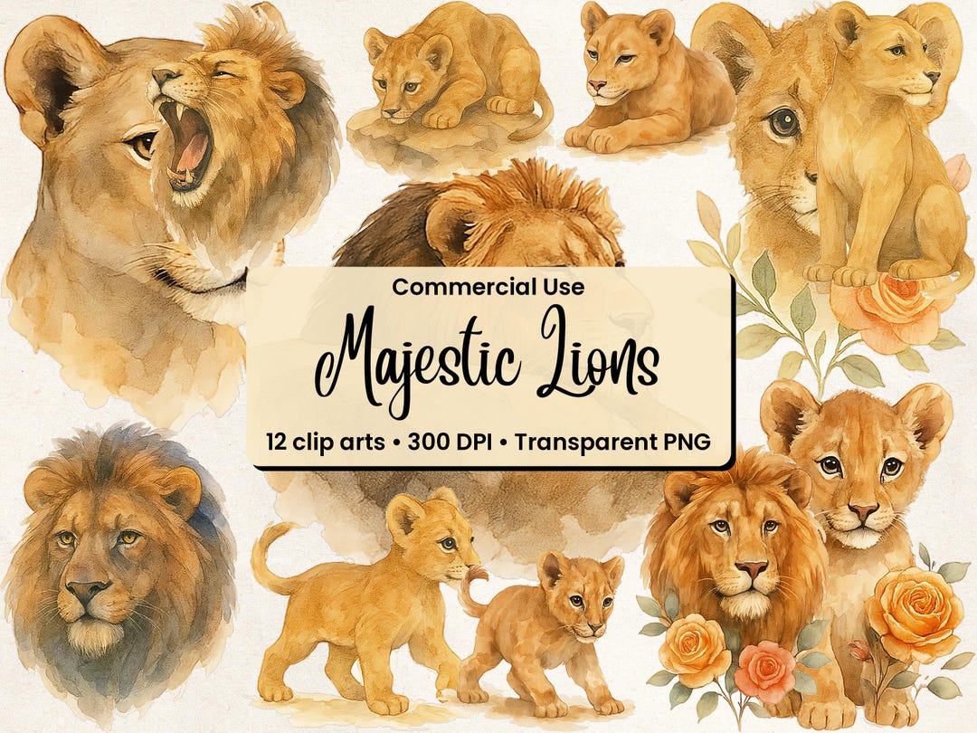 Watercolor Lion Clipart Safari Animal PNG Digital Art Lion Cub ...