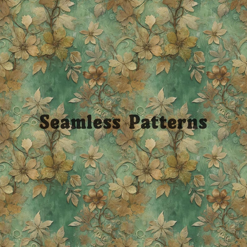 Vintage Green Botanical Seamless Patterns – 12 Golden Leaf Grunge ...