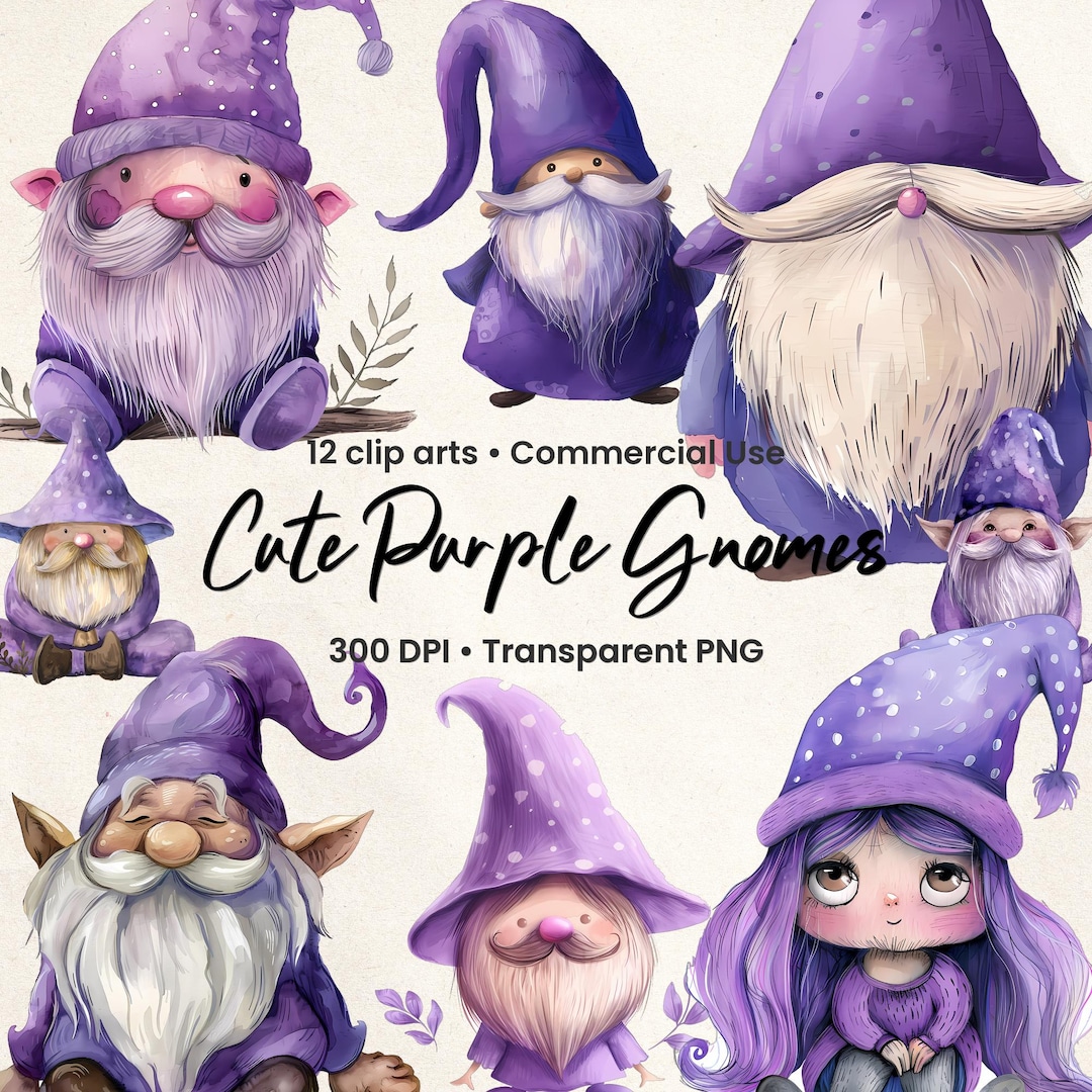 Purple Gnome Clipart Set Cute Magical Gnomes Digital Art Whimsical ...