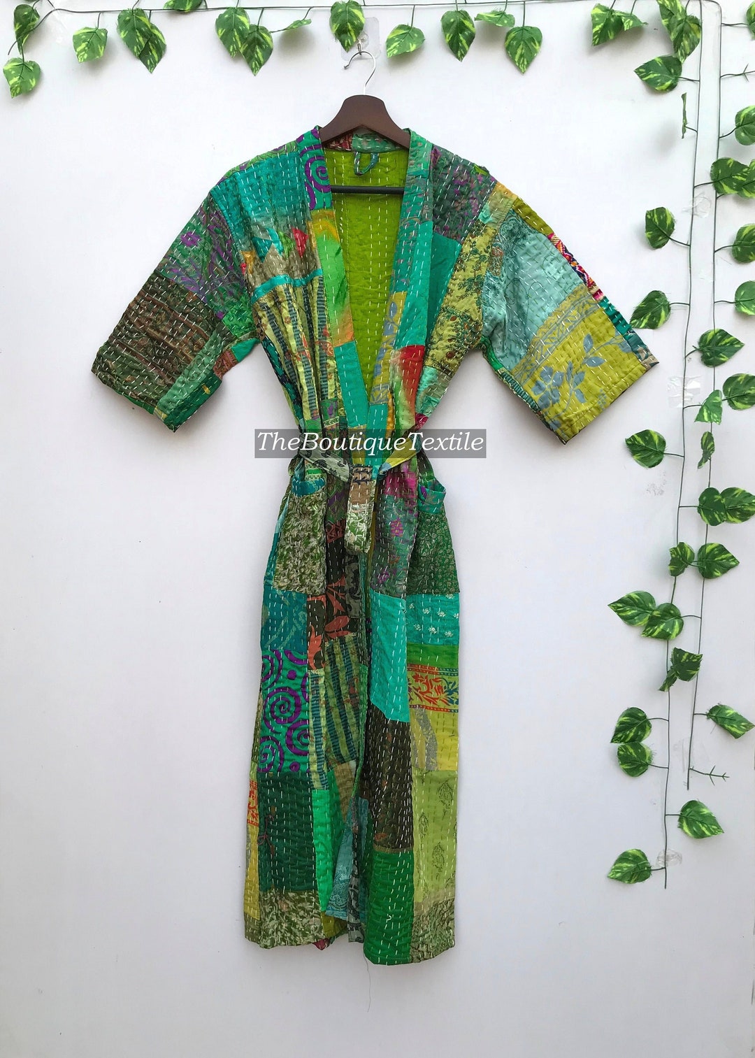 Handmade Silk Kantha Kimono Robe, Beautiful Green Patchwork Silk Robe ...