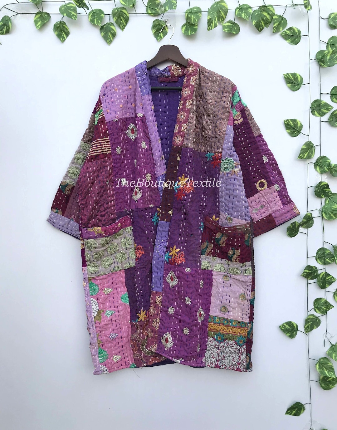 Kimono Kantha Robe, 100% Cotton Patchwork Embroidery Jacket, Hand ...