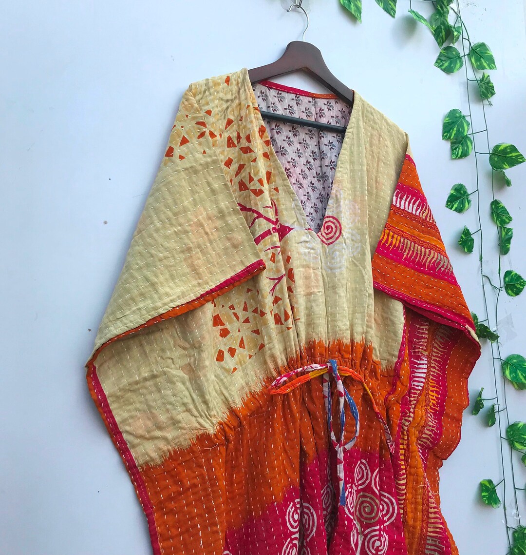 Cotton Long Kaftan Kantha Dress, Stitched Kantha Kaftan Robe, Boho ...