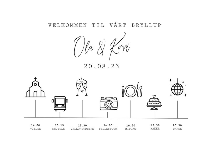 VELKOMSTSKILT M/TIDSLINJE BRYLLUP - Designmal, Trykksaker, Personlig ...