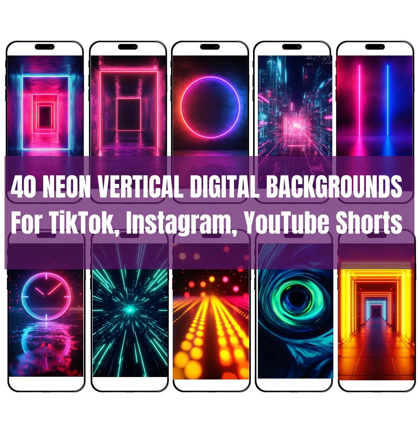 Neon Vertical Backgrounds Bundle | 40 Digital 9:16 Backdrops ...
