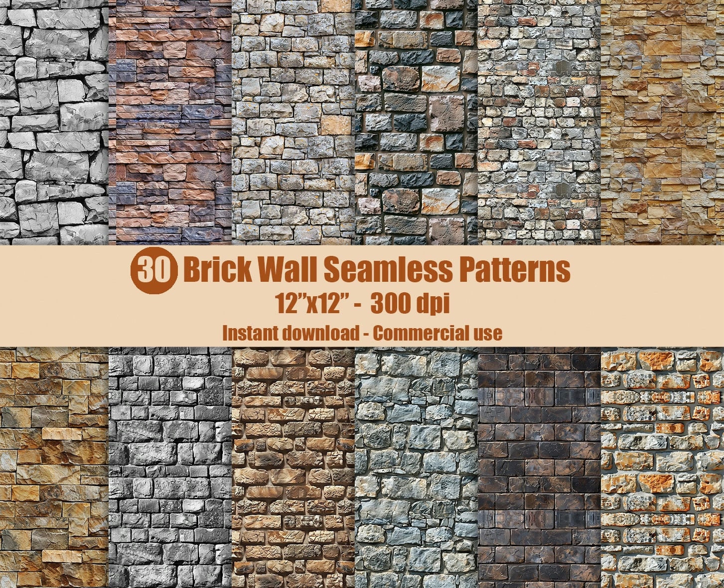 30 Brick Textures Digital Paper, Seamless Rustic Brick Wall Digital ...