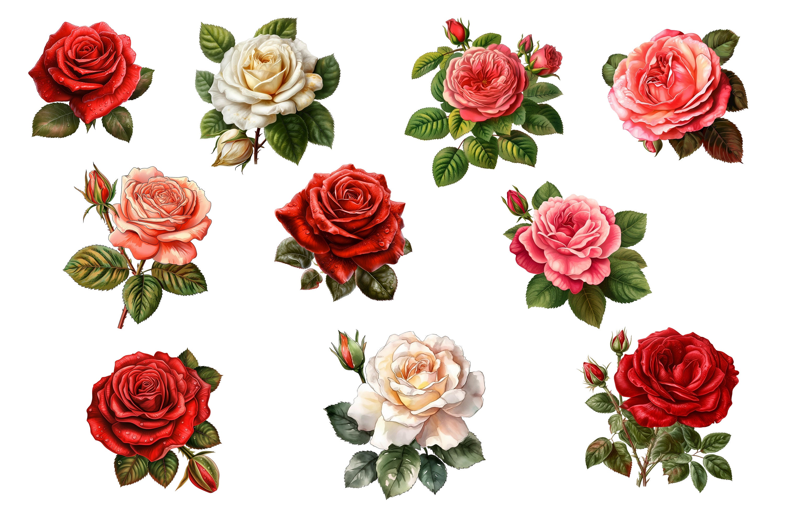 10 Roses Clipart, Transparent Background, Png Files, Digital Download ...