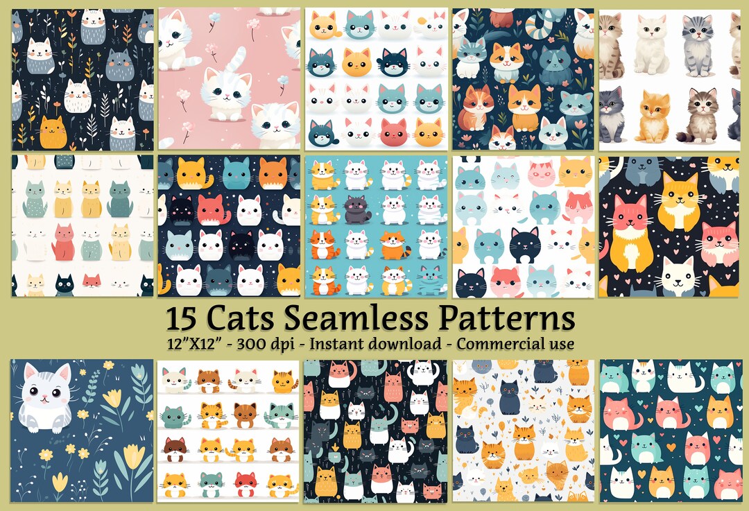 15 Seamless Digital Patterns of Cats, Digital Paper With Cats, Cats ...