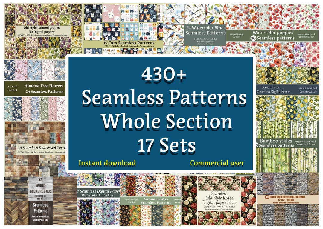 Seamless Patterns Mega Pack : 460 Designs in 18 Sets, Instant Download ...